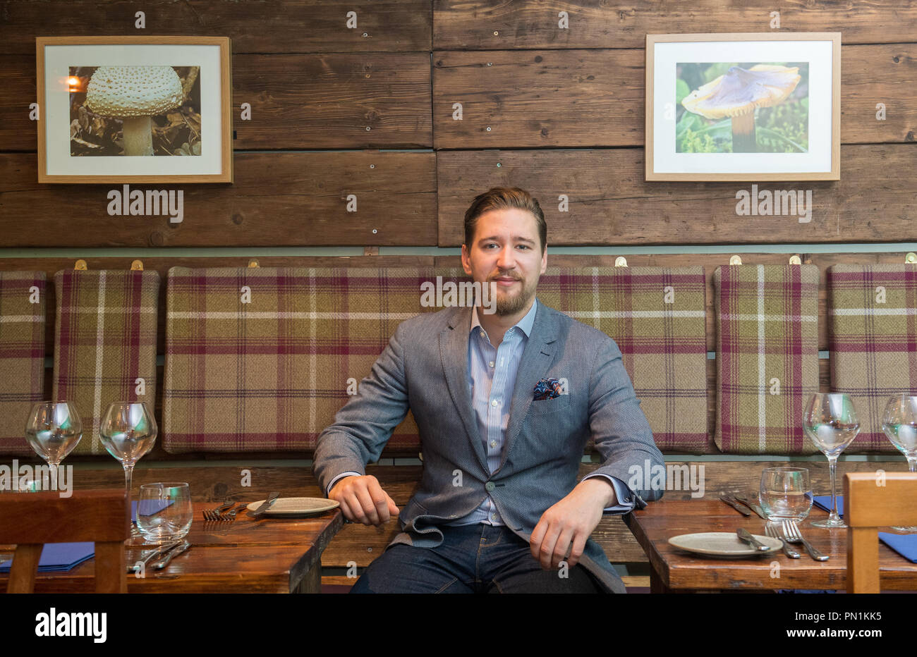 Owner Cameron McNeil Forage and Chatter restaurant, Alva Street Stock ...