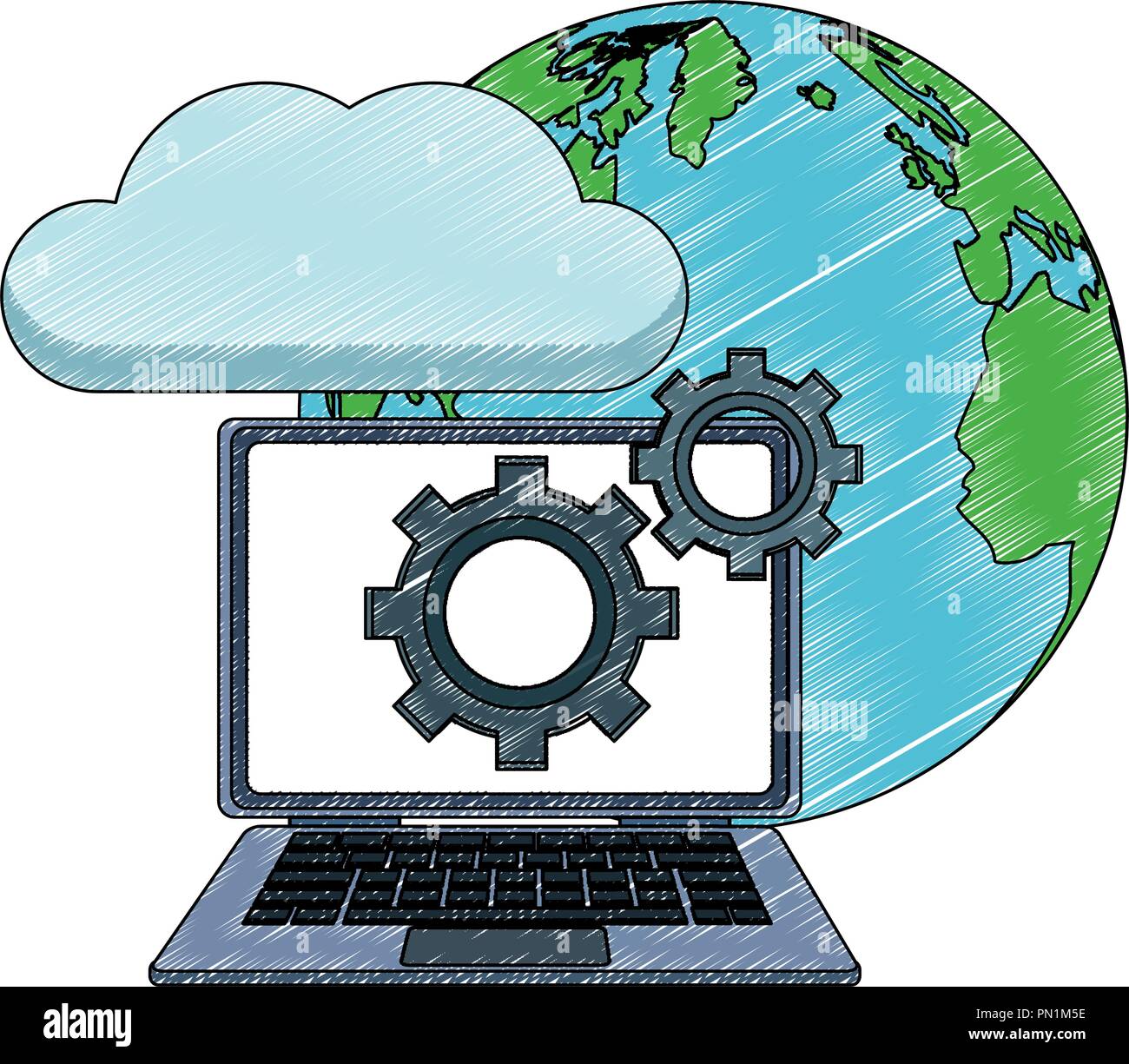 Laptop with global cloud computing scribble Stock Vector Image & Art - Alamy