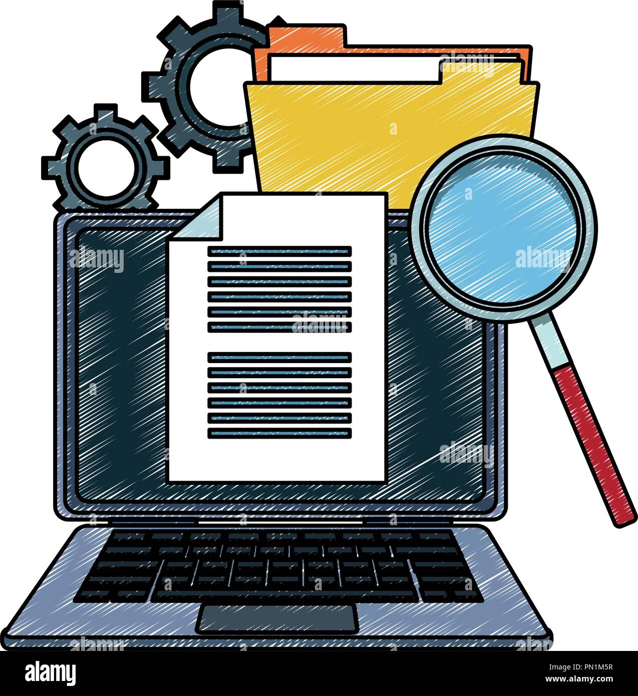 Laptop with documents and magnifying glass scribble Stock Vector Image ...