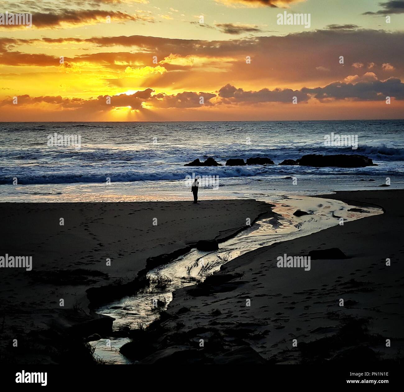 Man Contemplates the Sunset at the Beach with a water stream coming ...