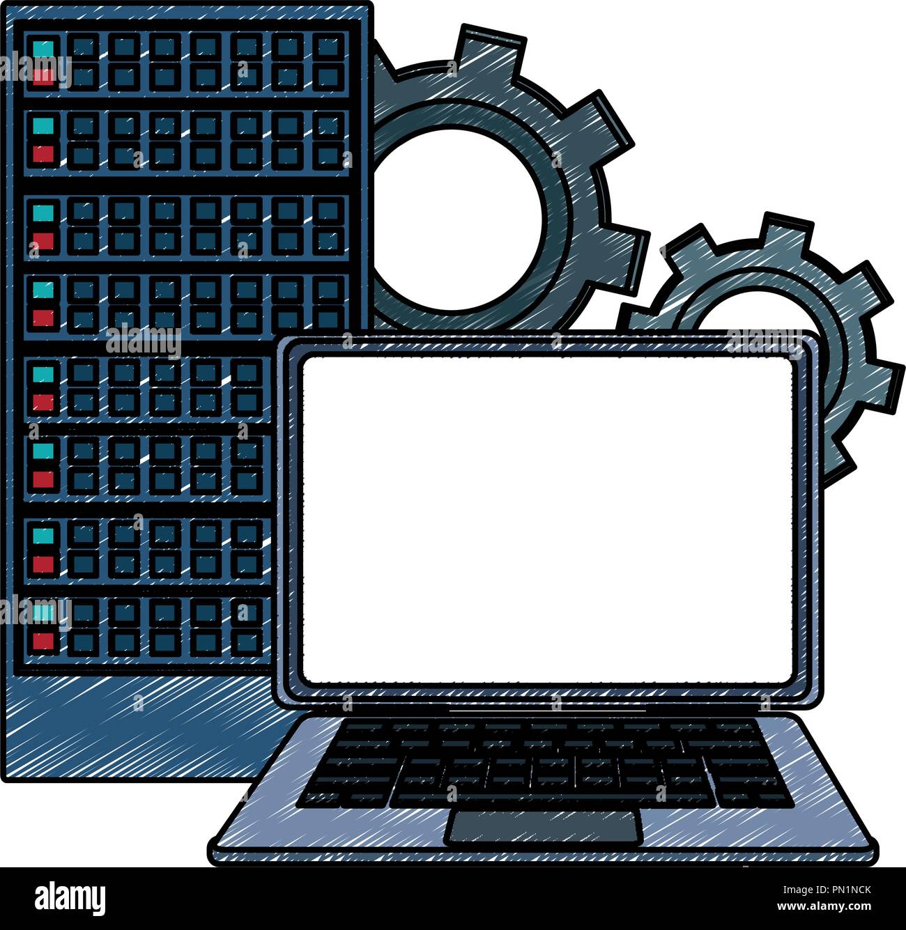 Laptop and servers with gears scribble Stock Vector Image & Art - Alamy