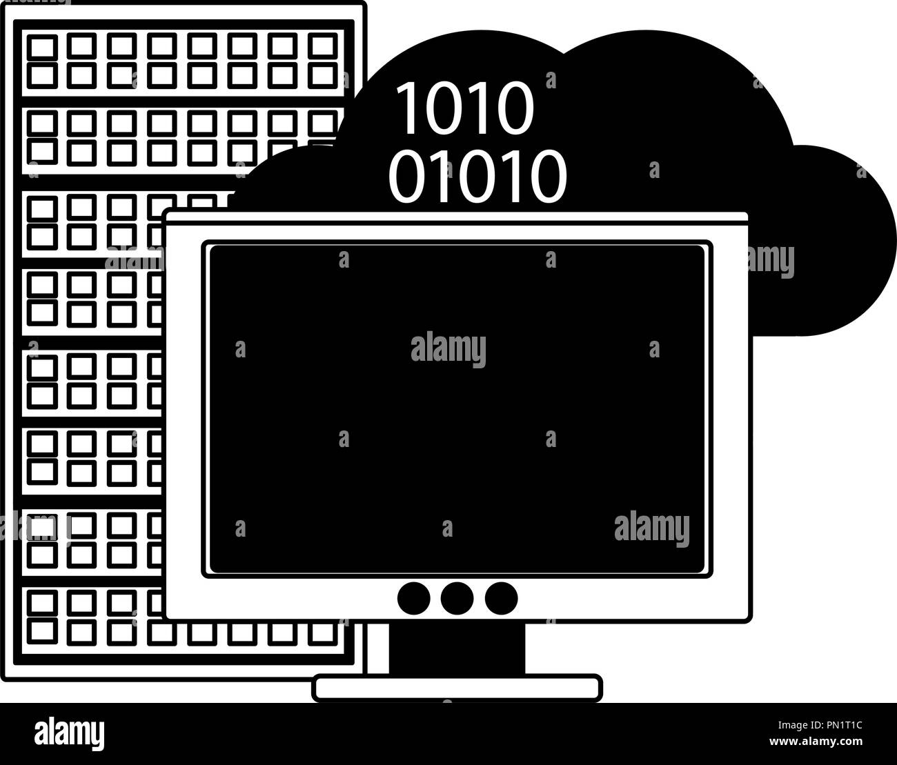 Computer with servers and cloud in black and white Stock Vector Image ...