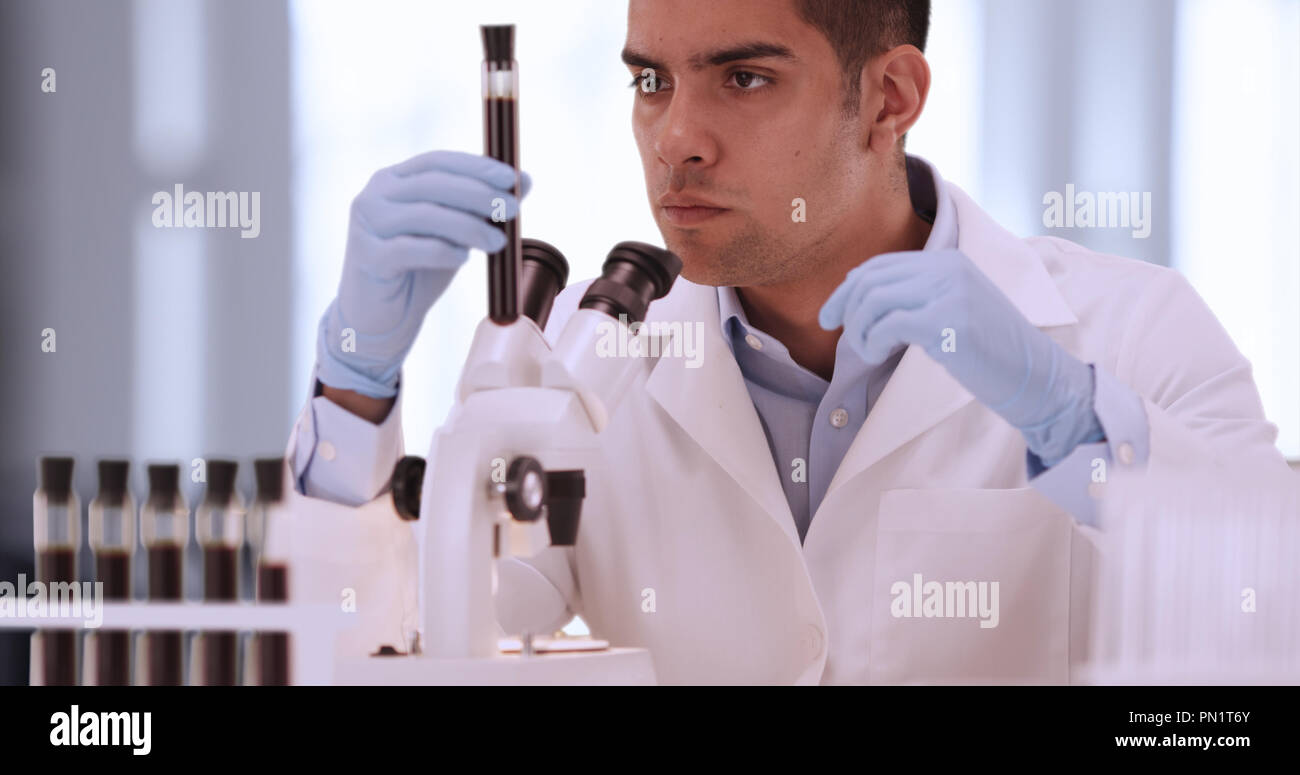 Handsome Hispanic male scientist in laboratory holding and looking at ...