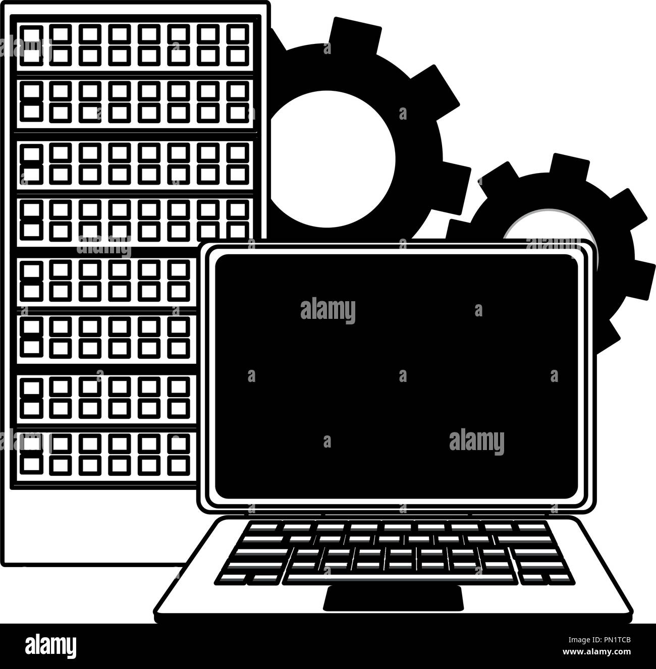 Laptop and servers with gears in black and white Stock Vector Image ...