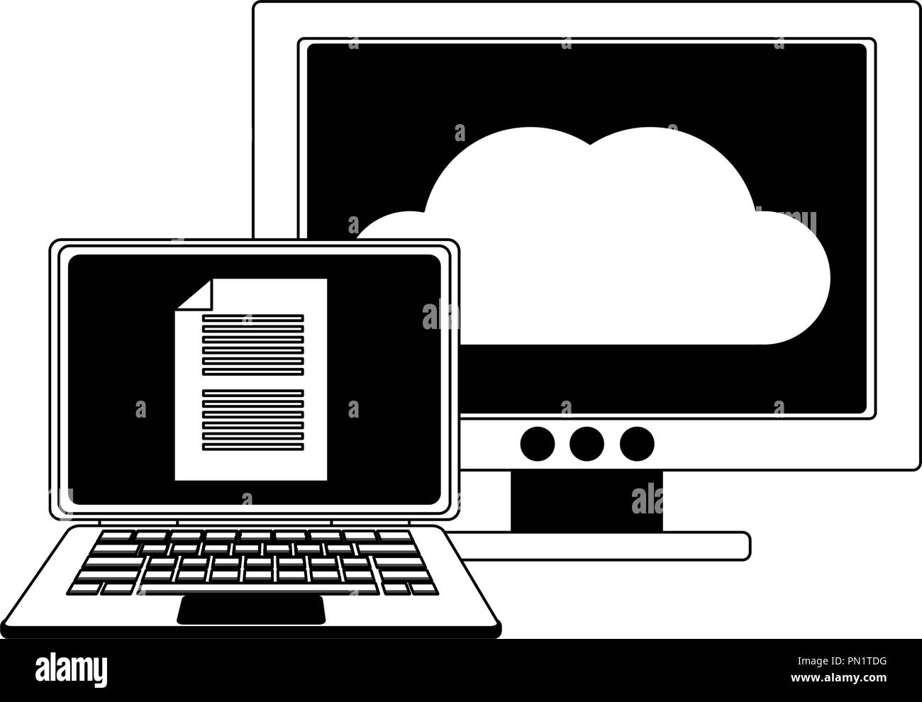 Laptop and computer with cloud computing in black and white Stock ...