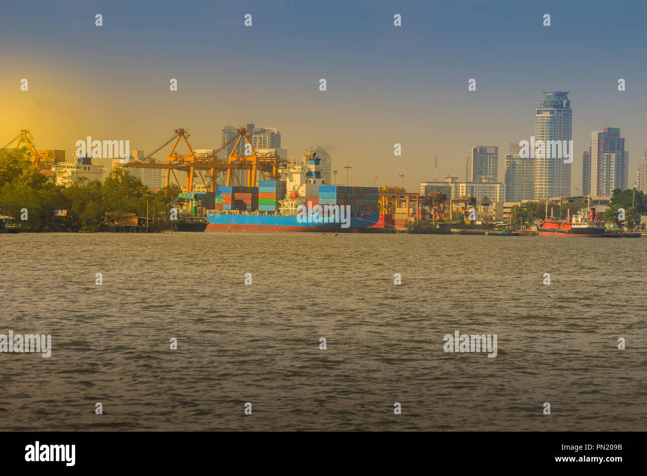 View of Bangkok Port Authority of Thailand or Klong Toey port along ...