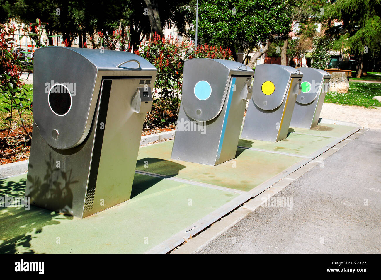Recycling industry. Modern recycling containers on the city. Refuse ...