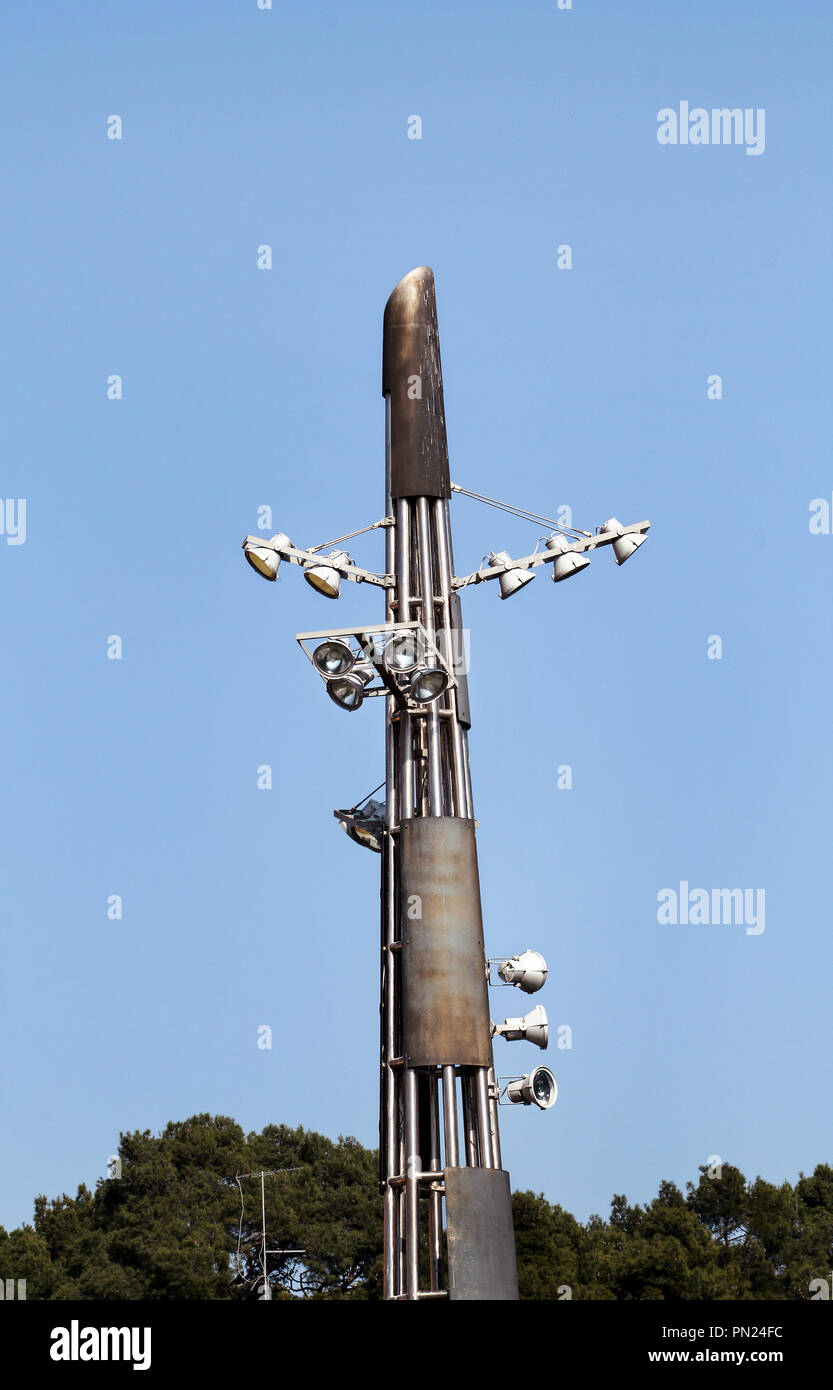 Tower with reflectors at the roundabout on the city road and street ...
