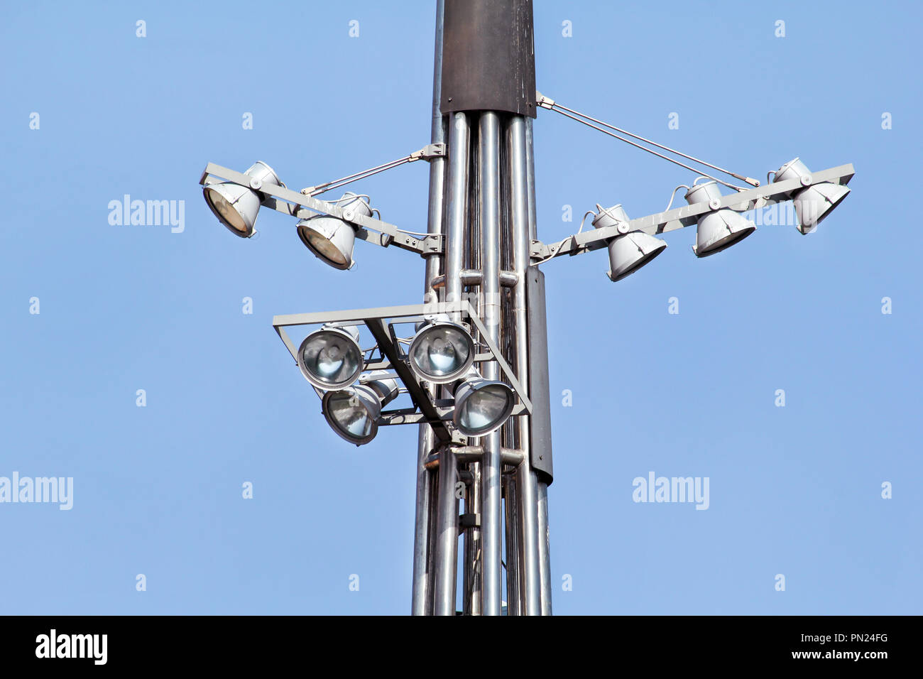 Tower with reflectors at the roundabout on the city road and street ...