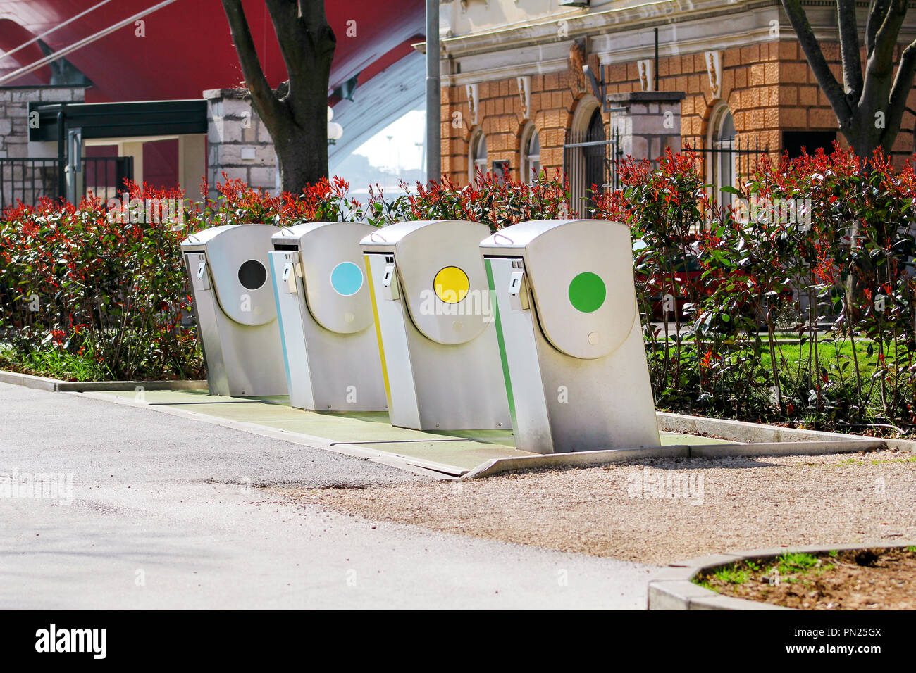 Recycling industry. Modern recycling containers on the city. Refuse ...