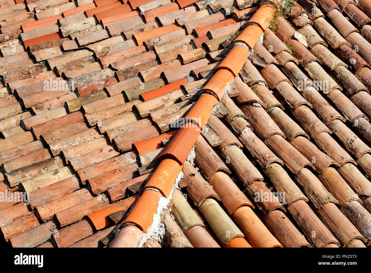 Part of tile on the roof of a house building, closeup. A red tiled ...