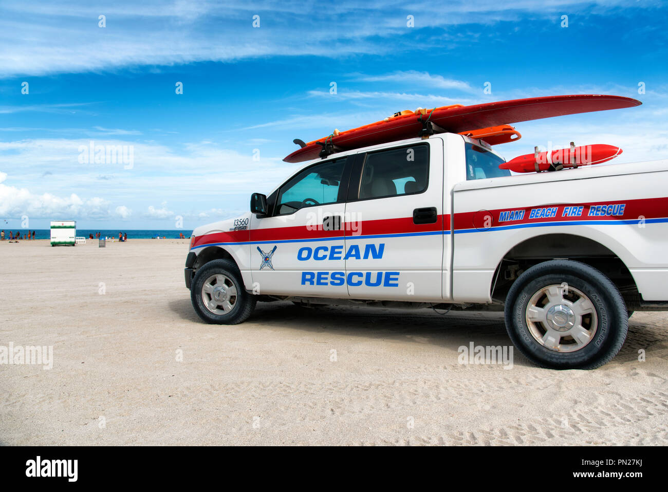 MIAMI BEACH, USA - JUNE 10, 2018 : Ocean Rescue car patrols the beach ...