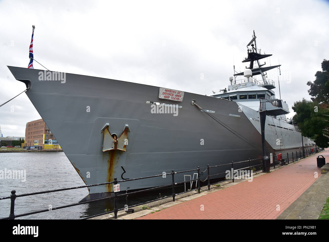 Tall Ship Lord Nelson berths next to HMS Tyne at Cardiff Bay, South ...