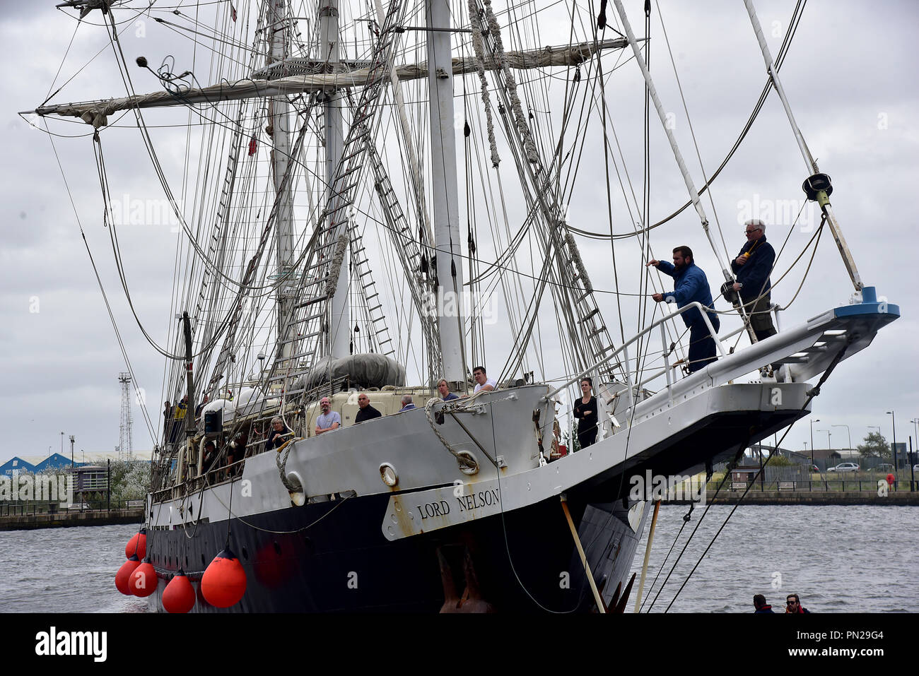 Tall Ship Lord Nelson berths next to HMS Tyne at Cardiff Bay, South ...