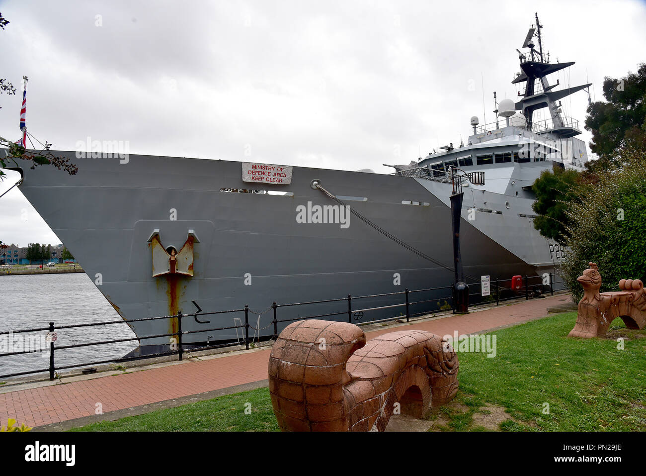 Tall Ship Lord Nelson berths next to HMS Tyne at Cardiff Bay, South ...