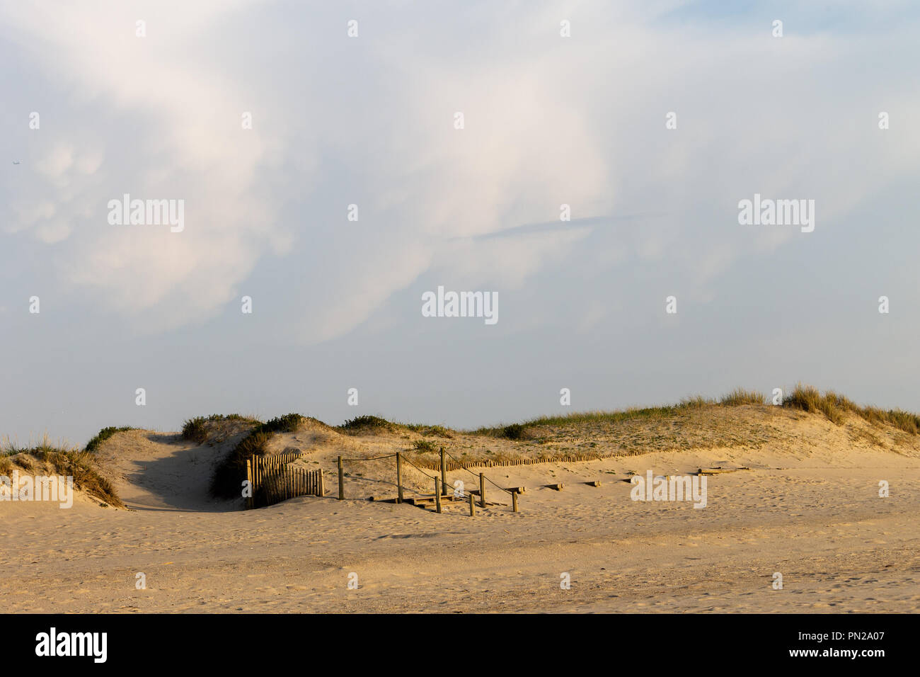 A set of a few small dunes in the sand, with a walkway nearby Stock ...