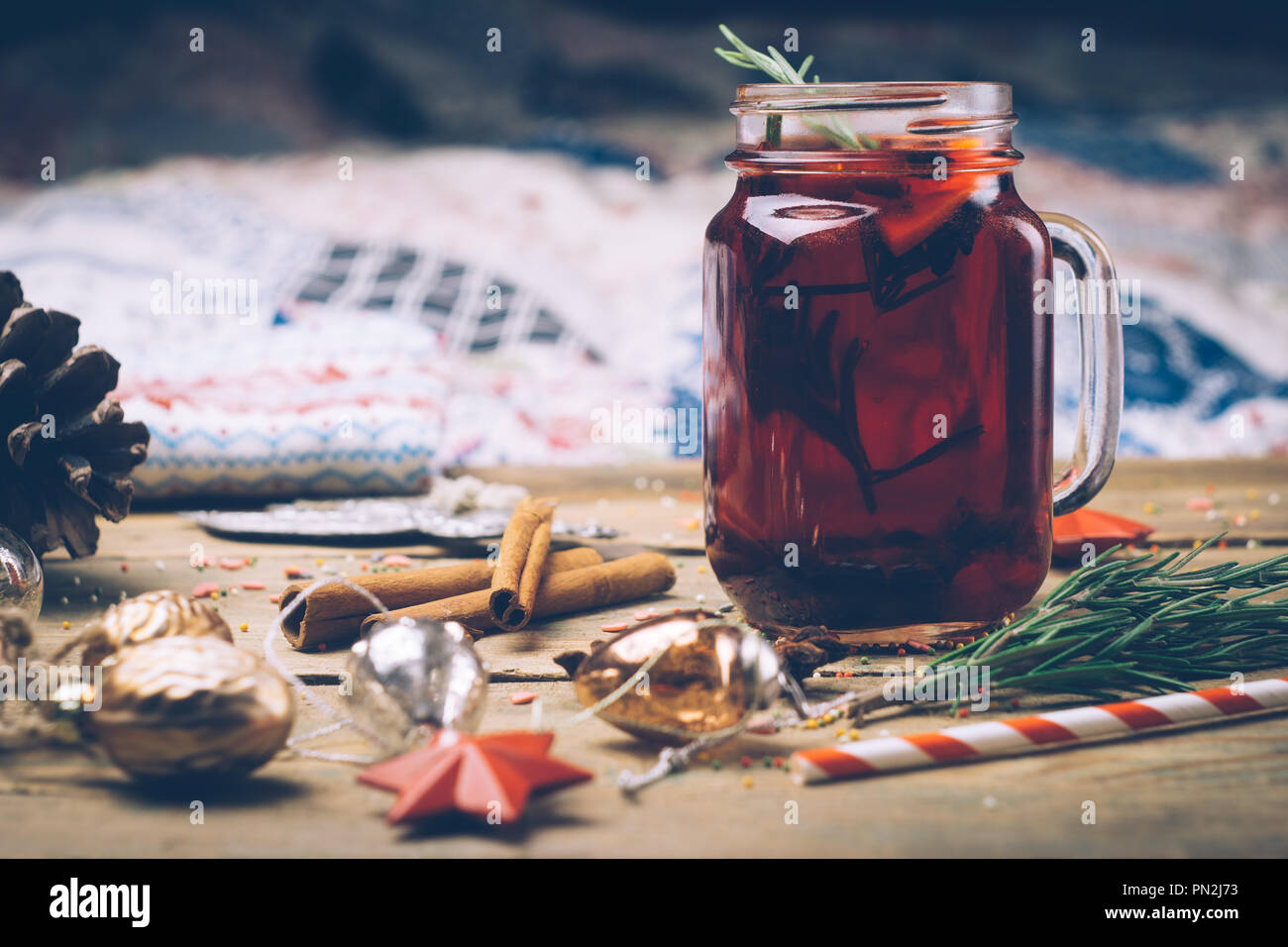 Christmas drink (winter hot drink). Mulled wine punch and spices for ...