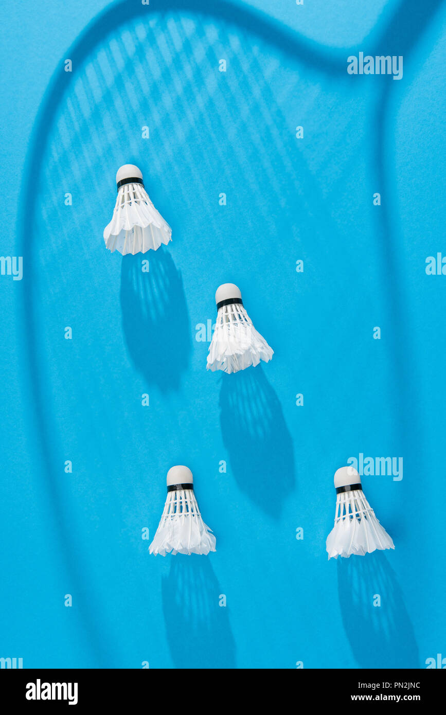 top view of white shuttlecocks and badminton racket shadow on blue ...