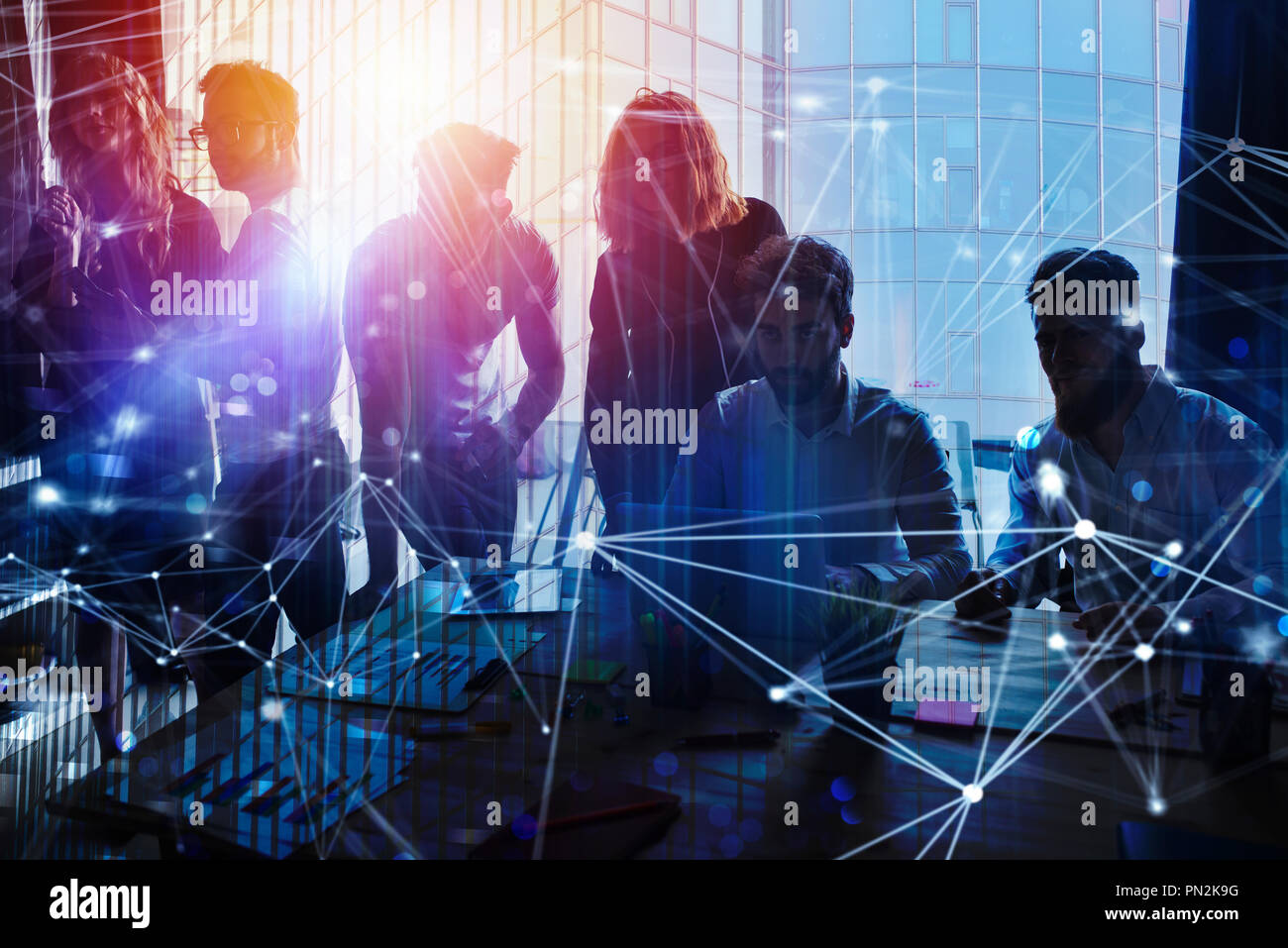 Business people work together in office with internet network effects ...