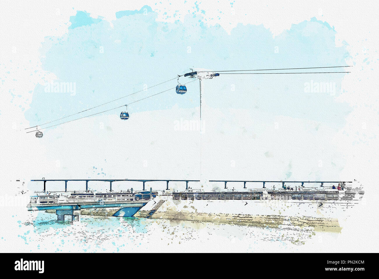 illustration. Funicular or ropeway and public transport through gulf or ...