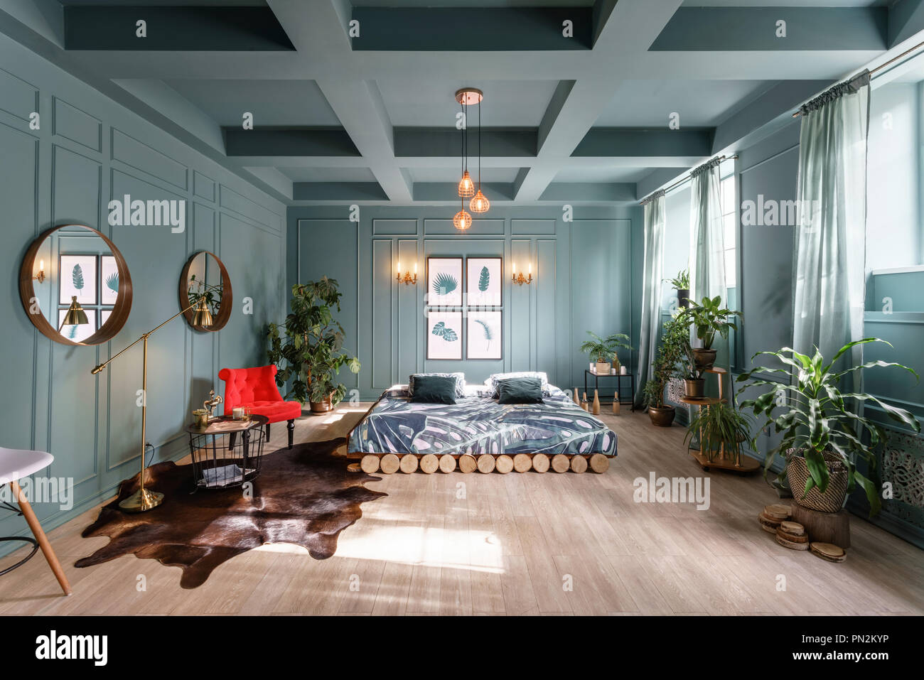 Morning interior in bedroom hotel. Bright and clean interior design of ...