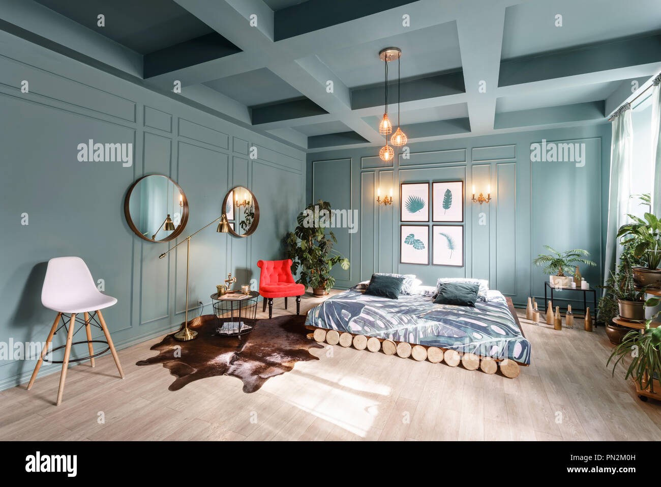 Morning interior in bedroom hotel. Bright and clean interior design of ...