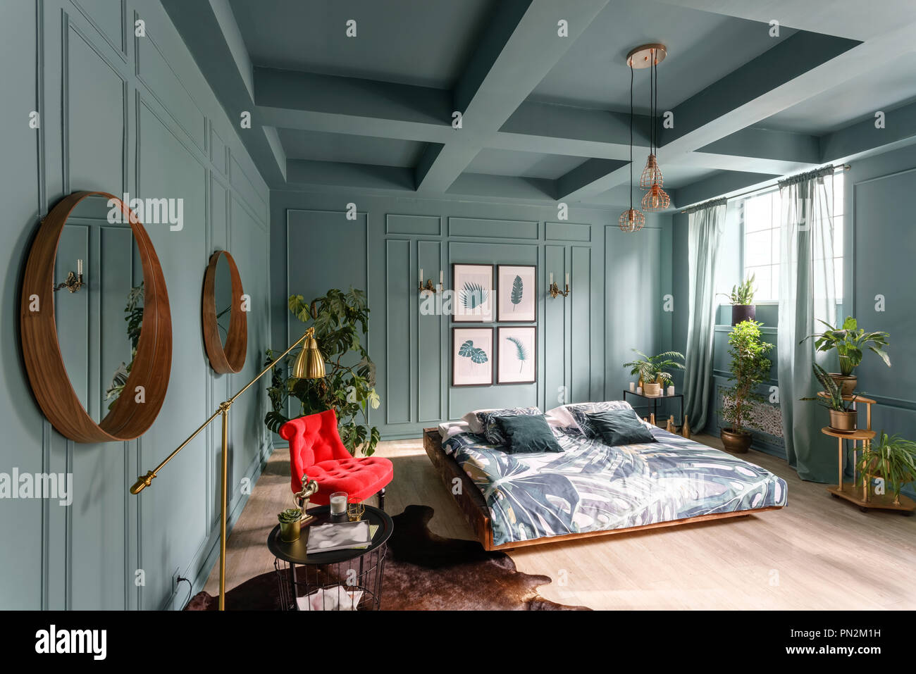 Morning interior in bedroom hotel. Bright and clean interior design of ...