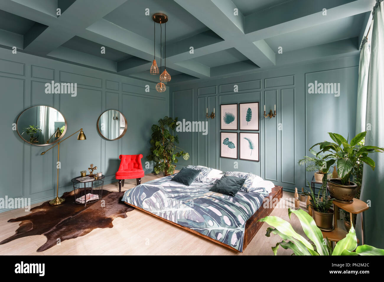 Morning interior in bedroom hotel. Bright and clean interior design of ...