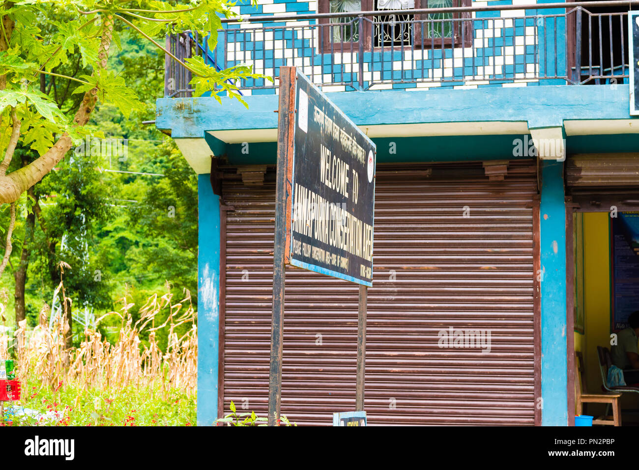 Annapurna Conservation Area, Nepal - July 18, 2018 : Information board ...