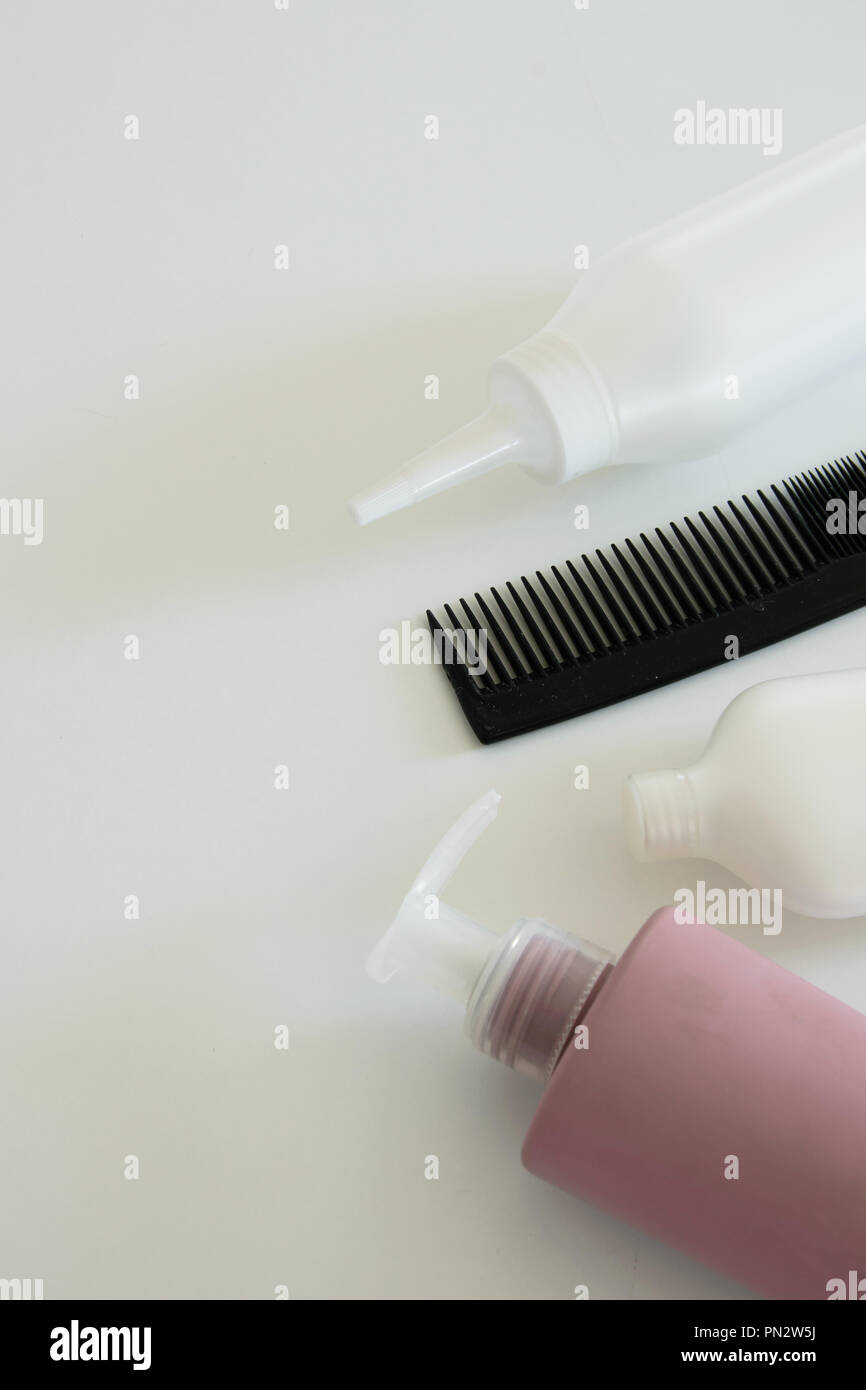 Hair dye tools on white background, space for text Stock Photo - Alamy