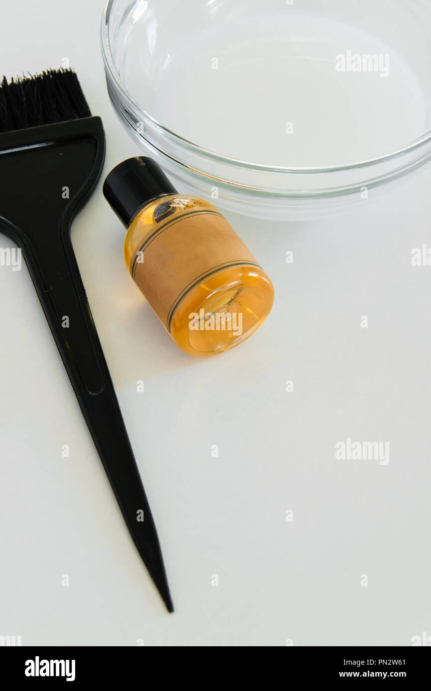 Hair dye tools on white background, space for text Stock Photo - Alamy
