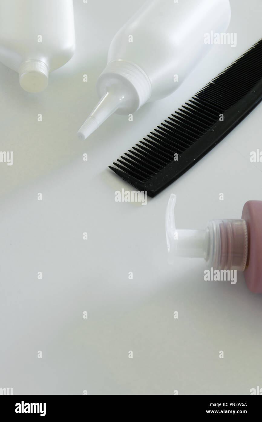 Hair dye tools on white background, space for text Stock Photo - Alamy