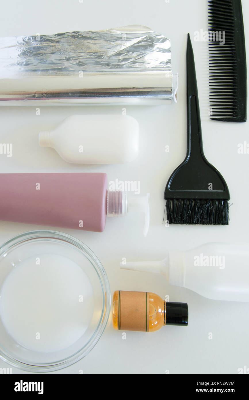 Hair dye tools on white background, space for text Stock Photo - Alamy