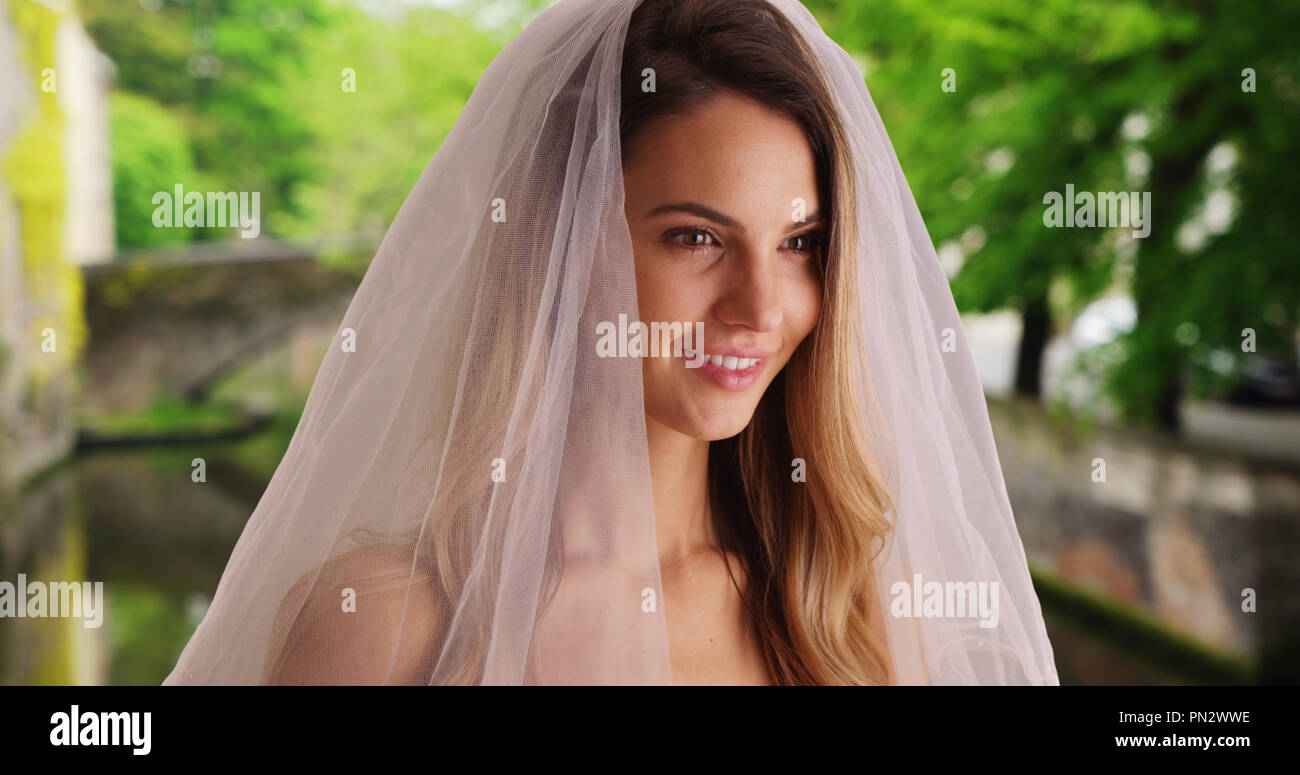 Close up portrait of blushing bride in outdoors setting Stock Photo - Alamy