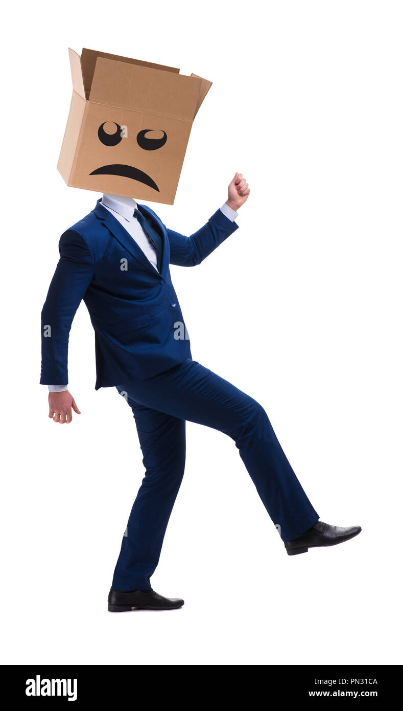 Businessman with box and unhappy face Stock Photo - Alamy