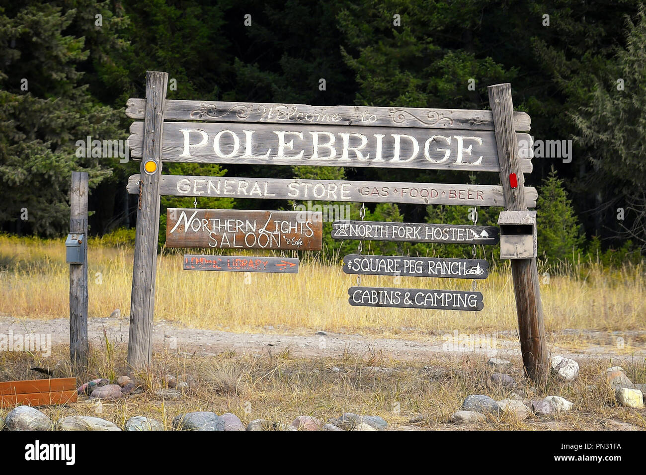 POLEBRIDGE, MONTANA, USA - September 9, 2018: Welcome to Polebridge ...