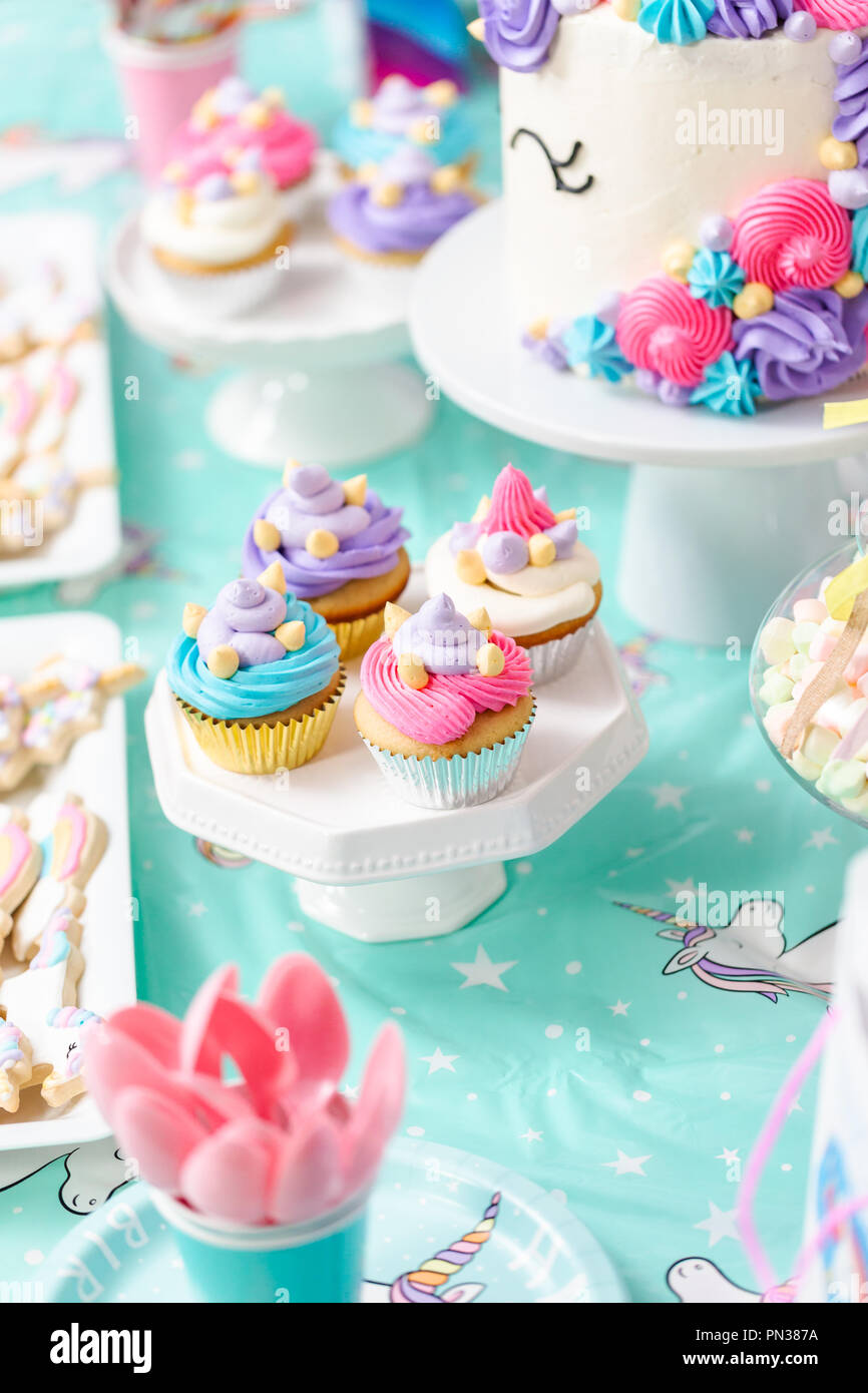 Little girl birthday party table with unicorn cake, cupcakes, and ...