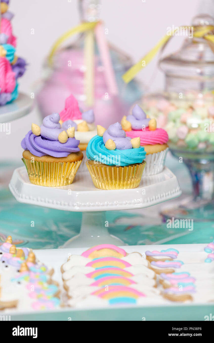 Little girl birthday party table with unicorn cake, cupcakes, and ...