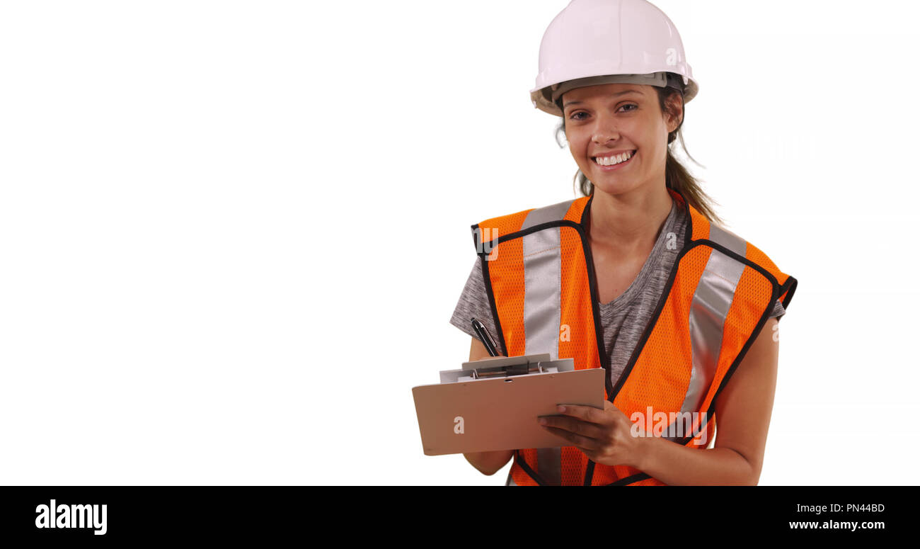 Female construction worker in hardhat and safety vest smiling at camera on white Stock Photo - Alamy