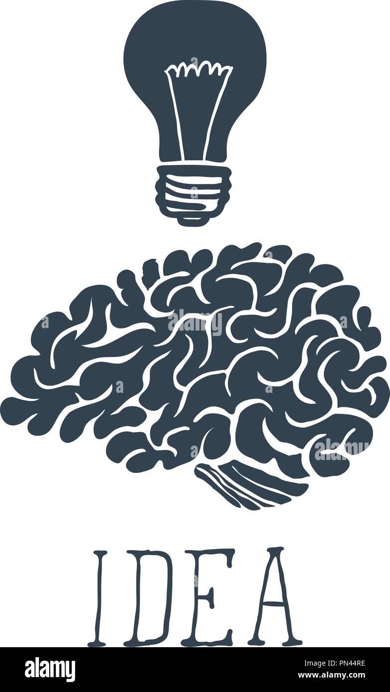 Hand Drawn Brain with Idea Lettering and Light Bulb. Vector Stock ...