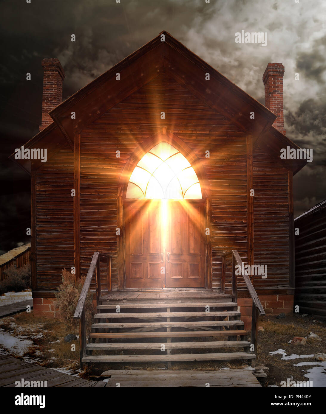 Light of Godâ€™s spirit beams from a church window during a storm Stock ...