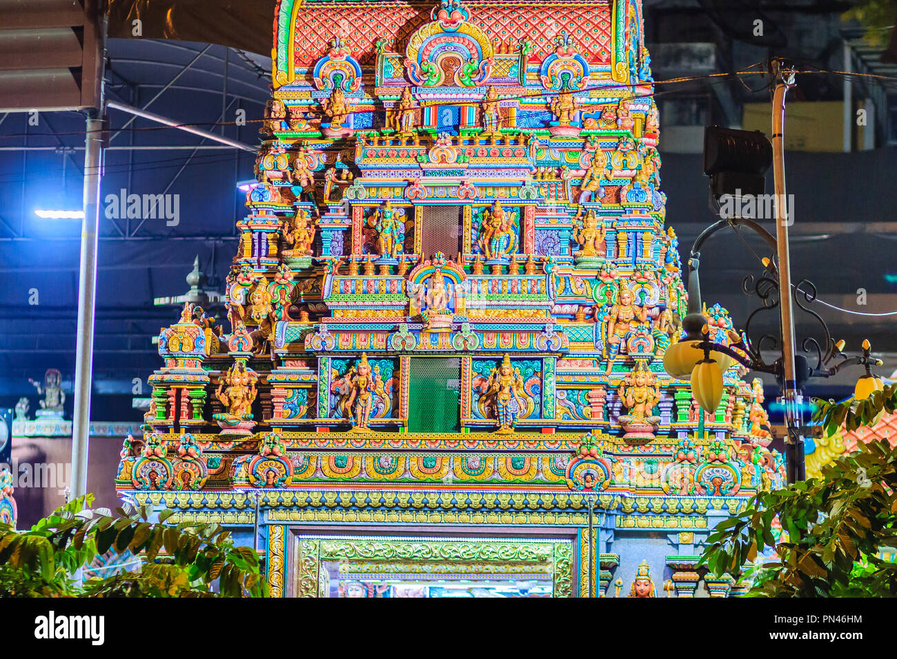 Colorful night view of indian gods sculpture at Sri Maha Mariamman ...
