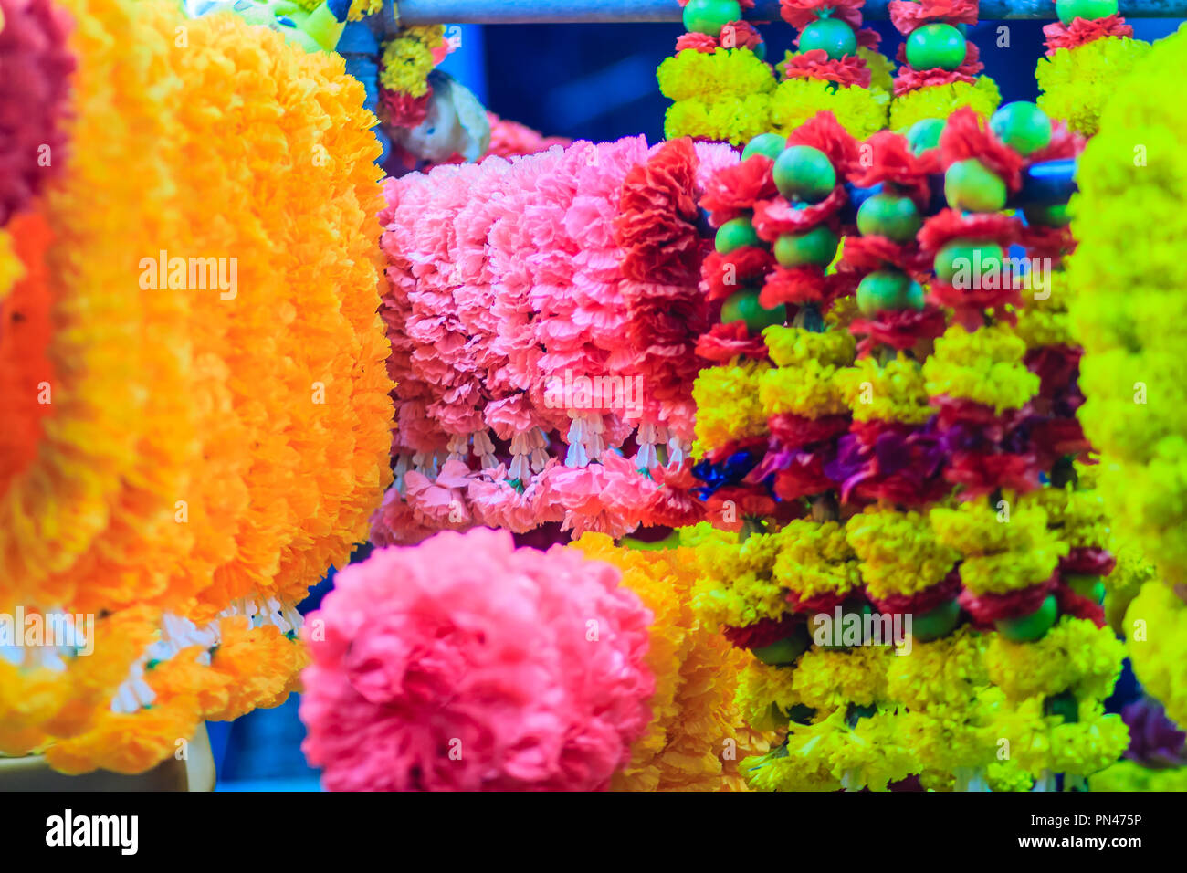 Colorful marigold flower garlands for hindu religious ceremony. Garland ...