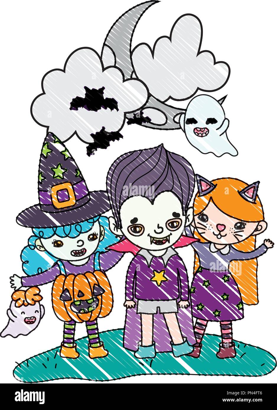 grated children with funny costumes and ghosts with bats Stock Vector ...