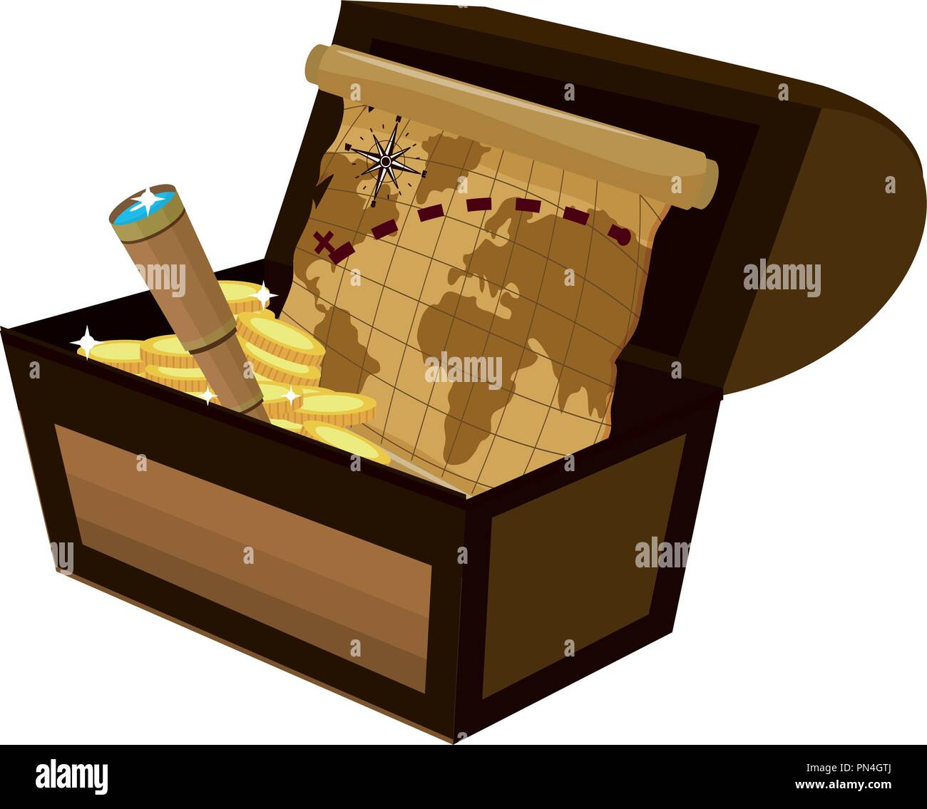 wooden chest with global map and monocular Stock Vector Image & Art - Alamy