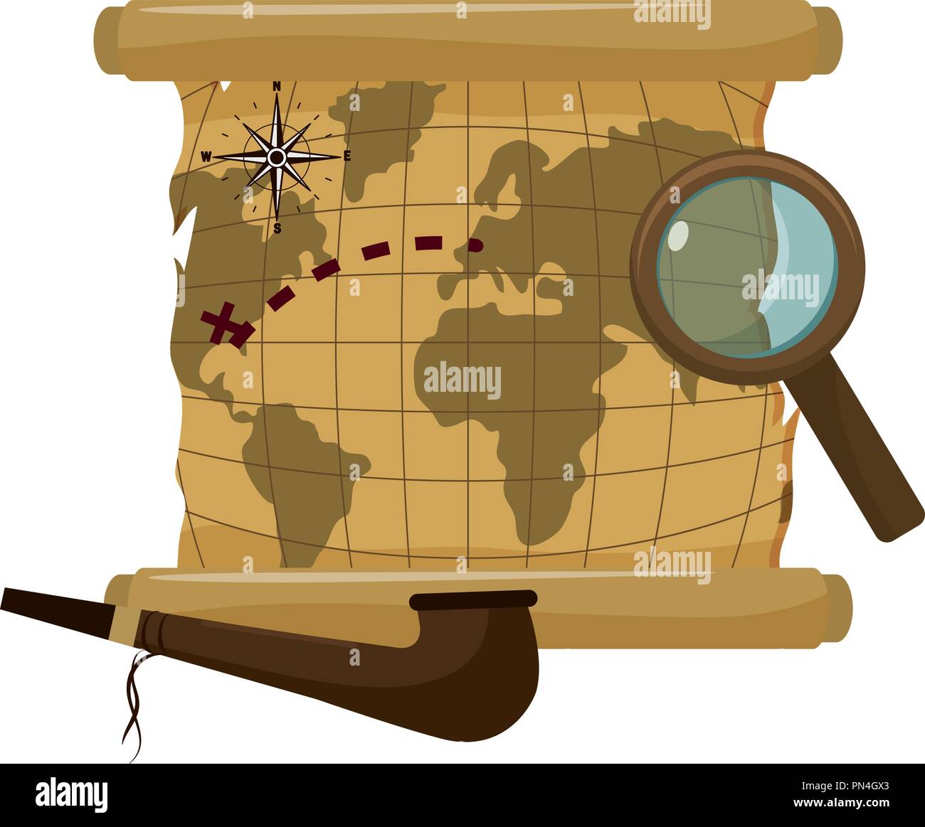 global map with magnifying glass and tabacco pipe Stock Vector Image ...
