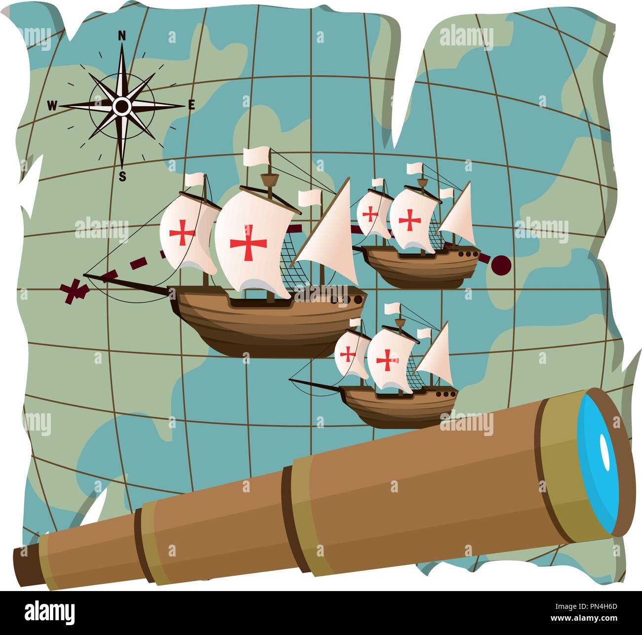 global map with ships sails and monocular Stock Vector Image & Art - Alamy