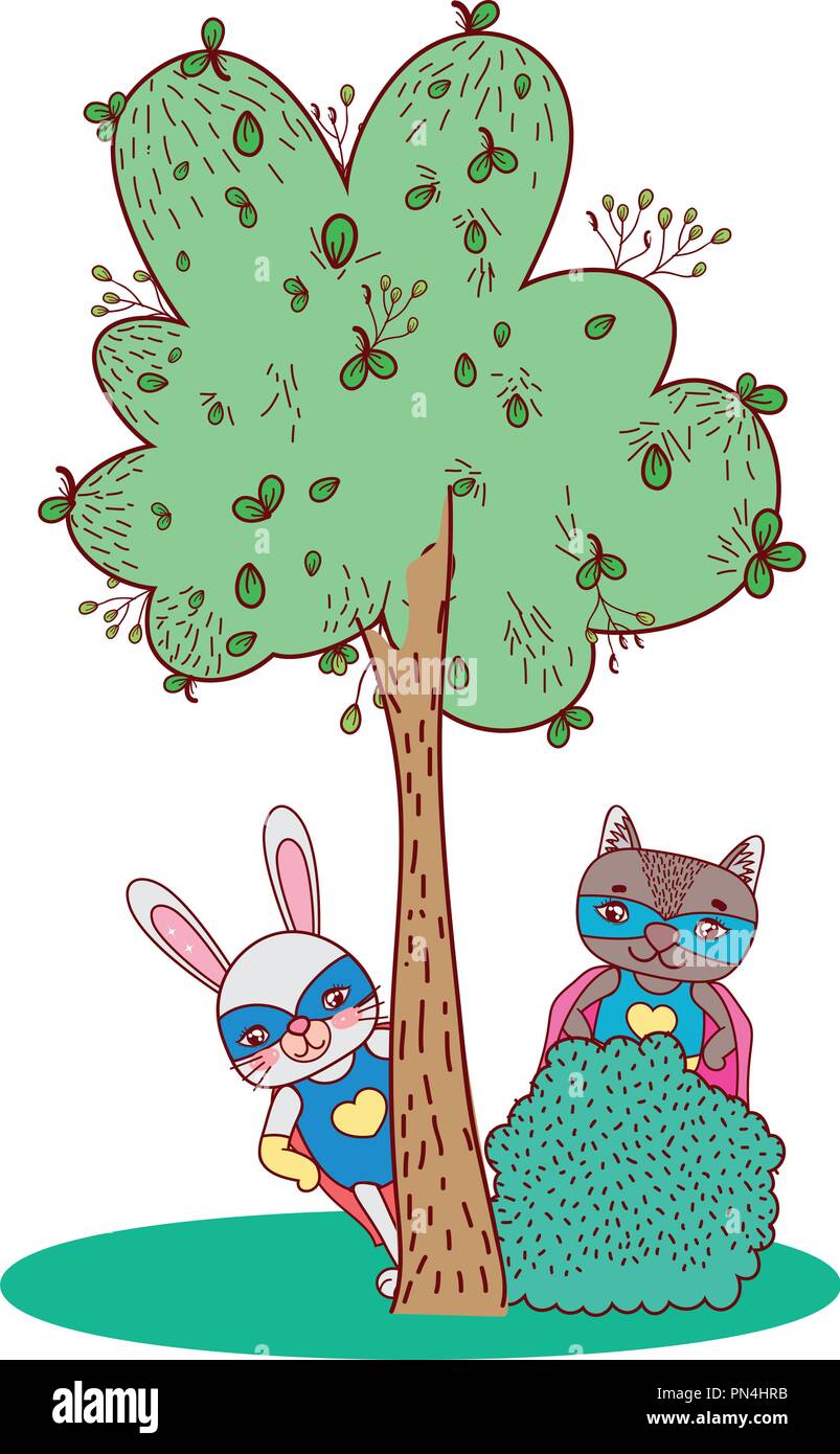 rabbit and raccoon friends with costume back tree Stock Vector Image ...