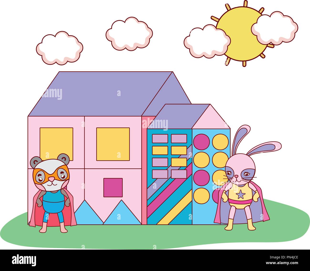 panda and rabbit wearing costume mask and cape in the house Stock ...