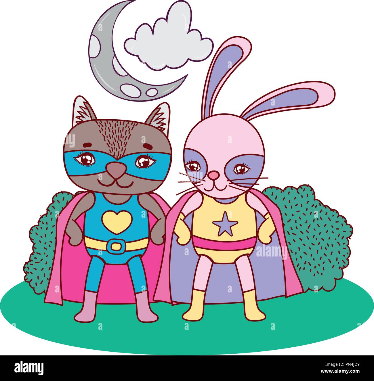 raccoon and rabbit wearing superhero costumes in the landscape Stock ...